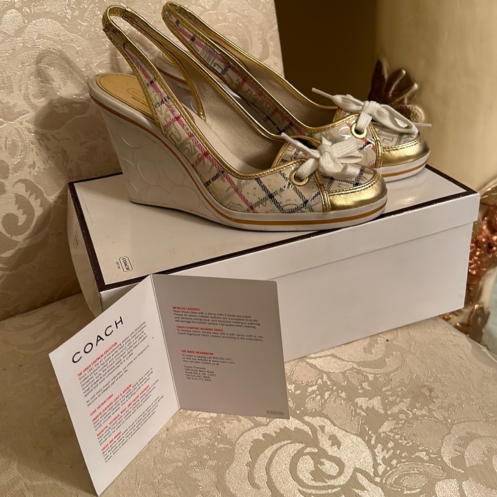 Coach Emillanna Wedge Gold Sling Back Sandals - Gem